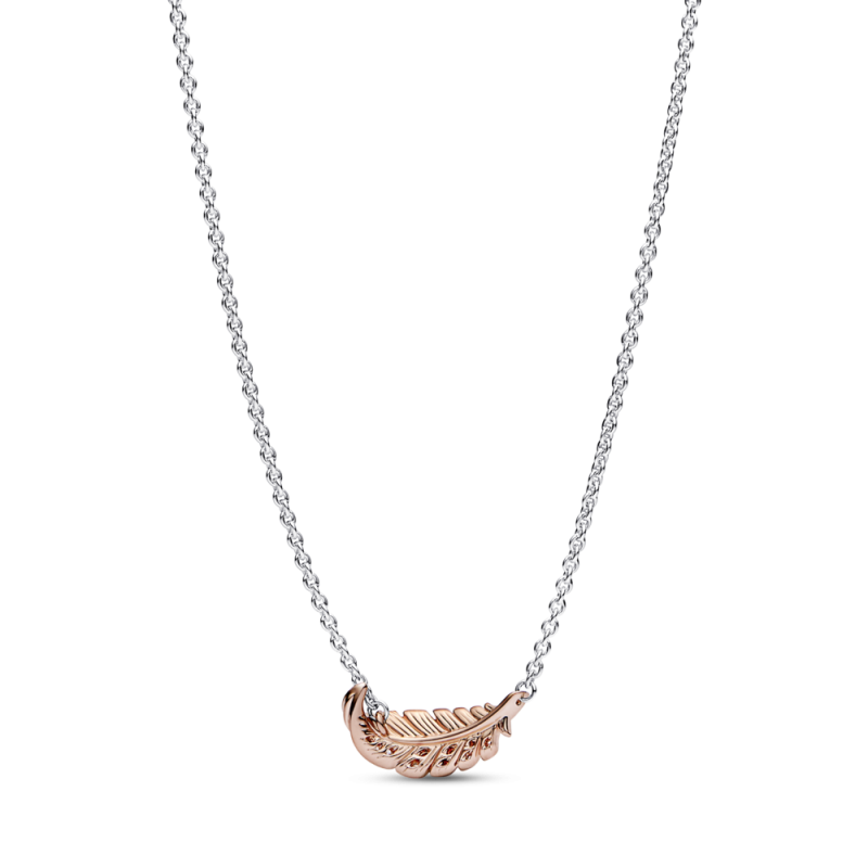 COLLAR PANDORA PLATA PLUMA CURVADA BAÑO DE ORO ROSA 14K 382575C01