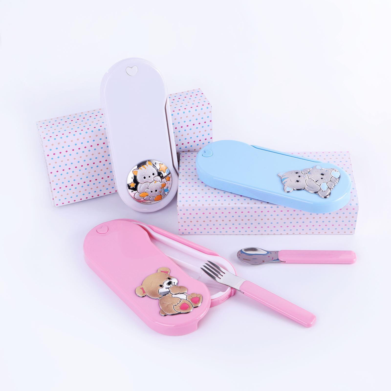 Cajita de cubiertos azul "Mis gatitos Lou y Mimi" joyerías Sánchez