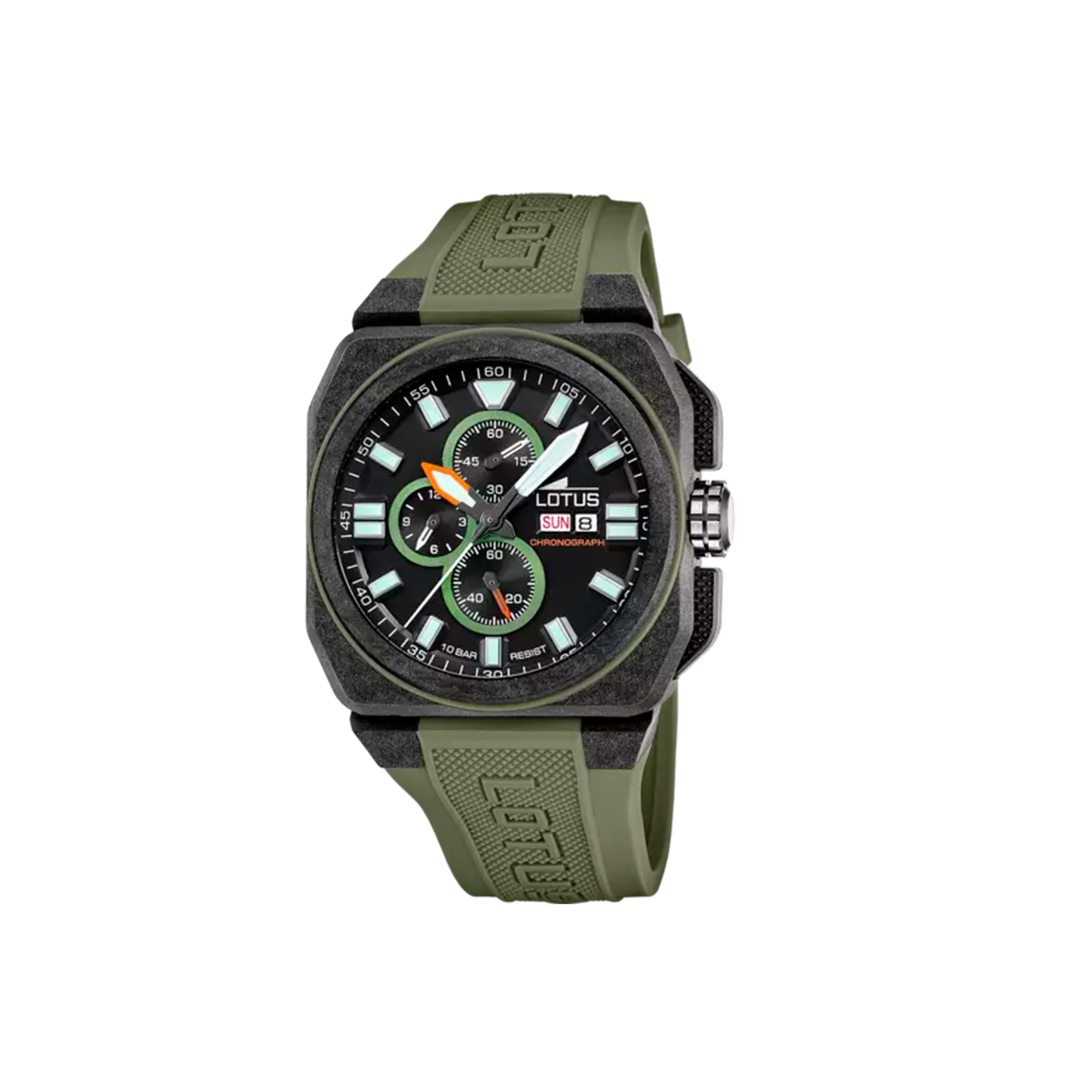 Reloj Lotus Chrono correa caucho verde militar y esfera negra hombre ...